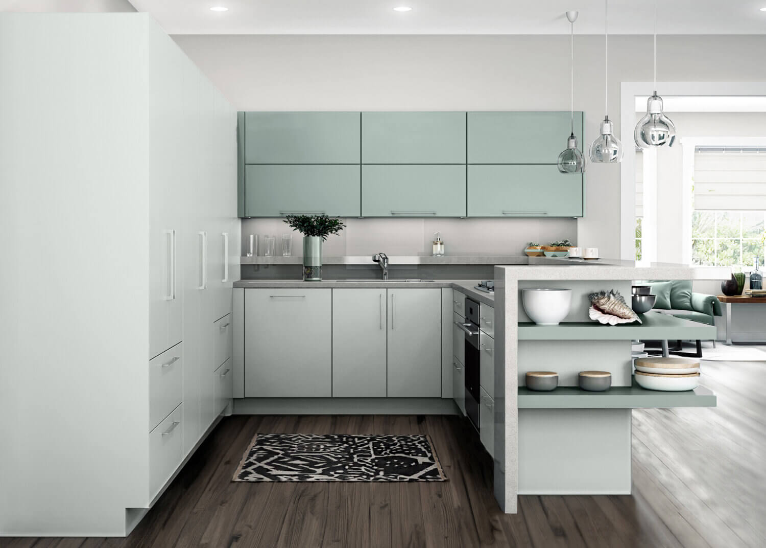 White and Minty Modern Matte Kitchen Cabinets - Dura Supreme Cabinetry