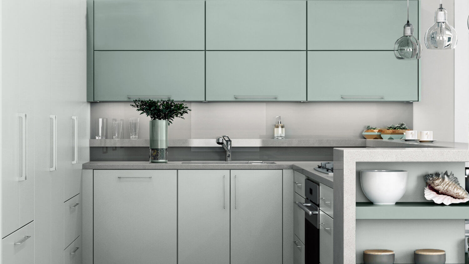 White and Minty Modern Matte Kitchen Cabinets - Dura Supreme Cabinetry