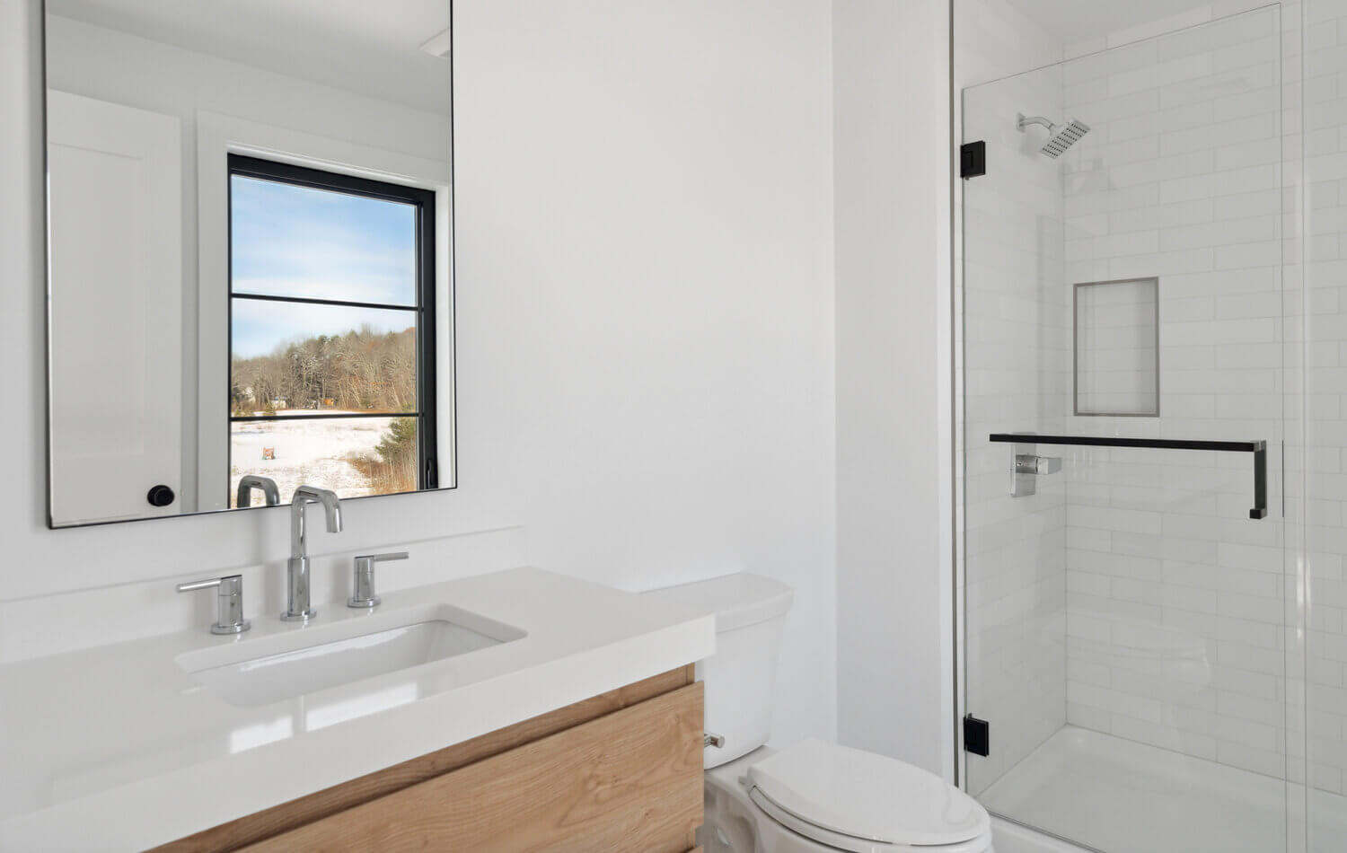Two Bathrooms with Matching Modern Farmhouse Floating Vanities - Dura ...